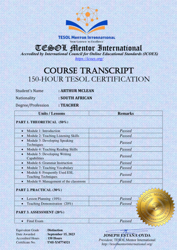 150-Hour TESOL CERTIFICATION COURSE – TESOL Mentor International